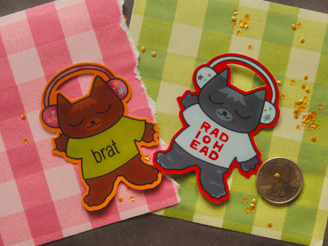 Headphones Cat Music Brat Radiohead Sticker / Laptop Sticker / Vinyl ...