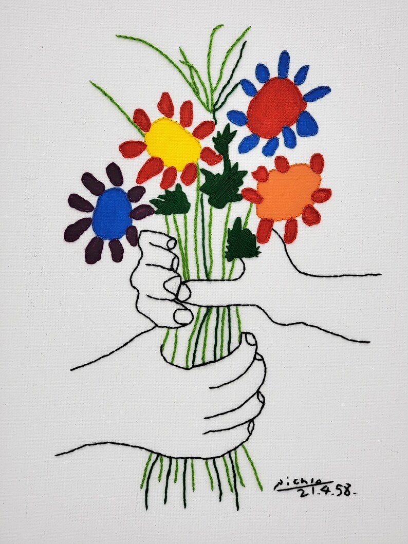 Hand-embroidered Canvas of Picasso's Hands Holding Flowers | 8x10 ...