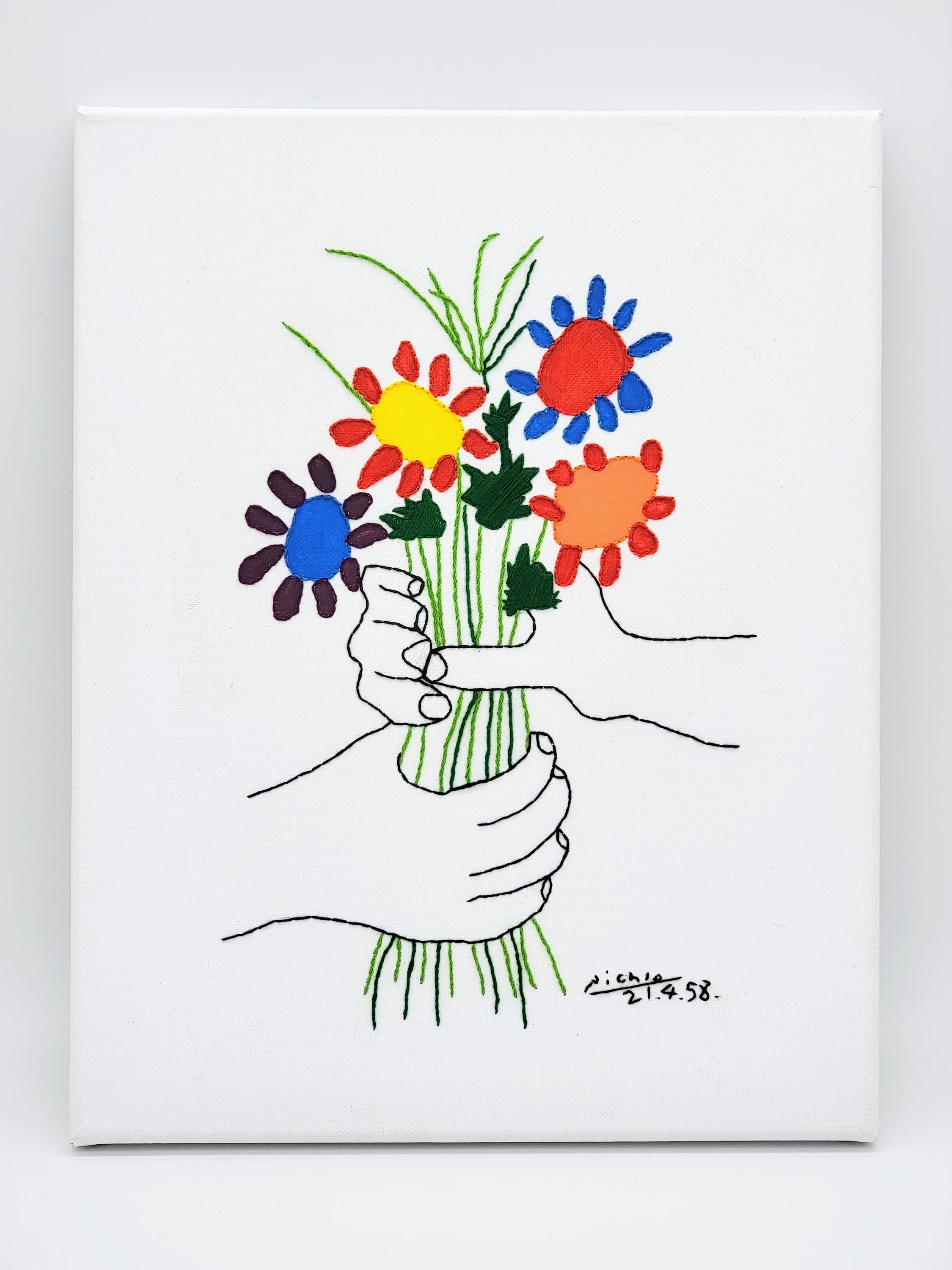 Hand-embroidered Canvas of Picasso's Hands Holding Flowers | 8x10 ...