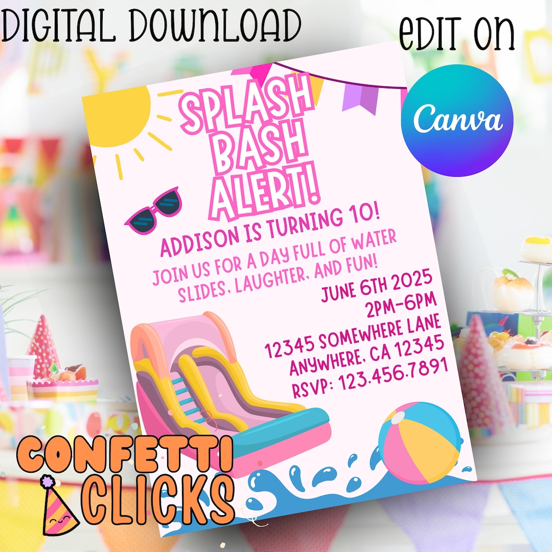 Splash Bash Invitation, Splish Splash Water Slide Birthday Invitation ...