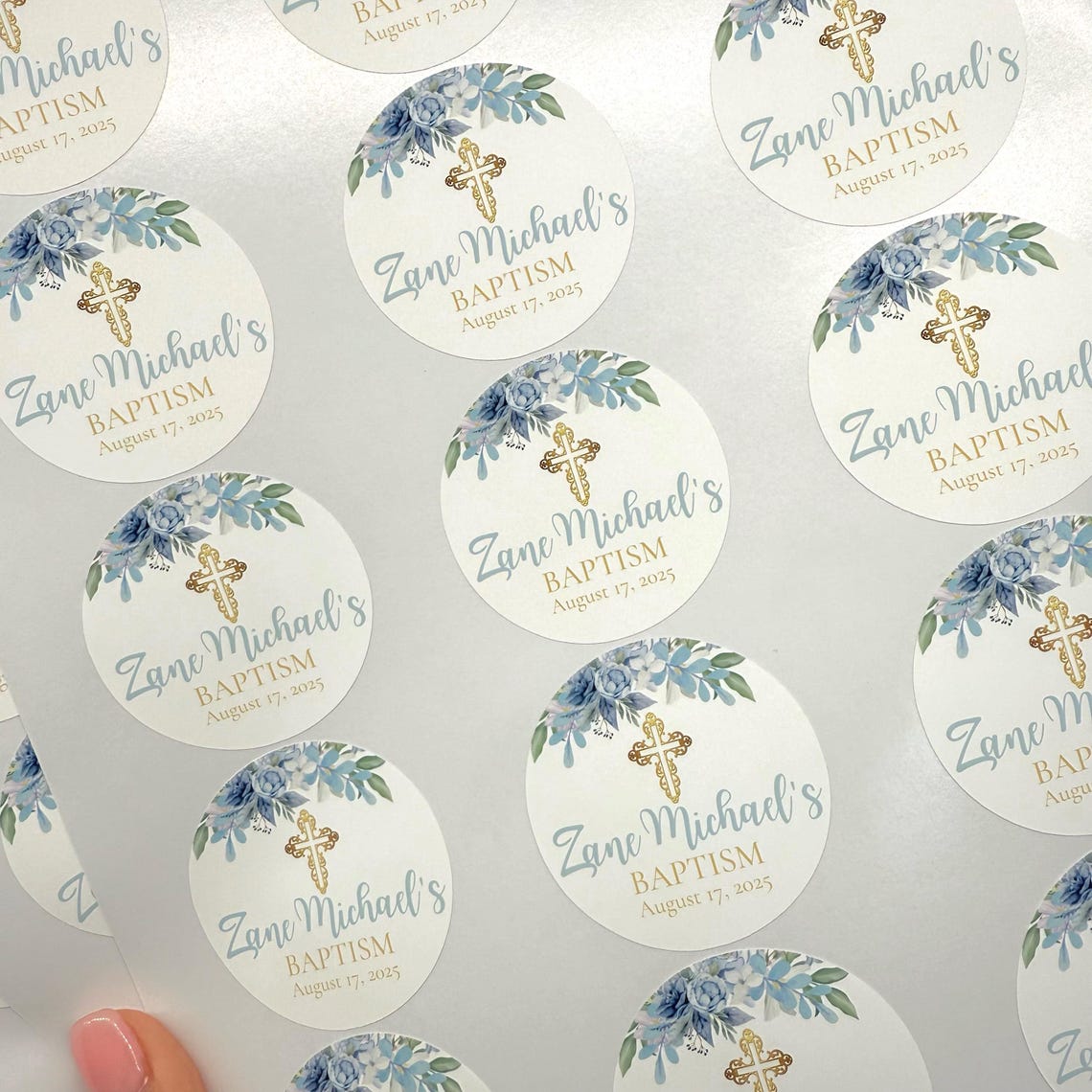 Blue Floral Baptism Stickers, Gold Cross Printed Labels, Boy ...