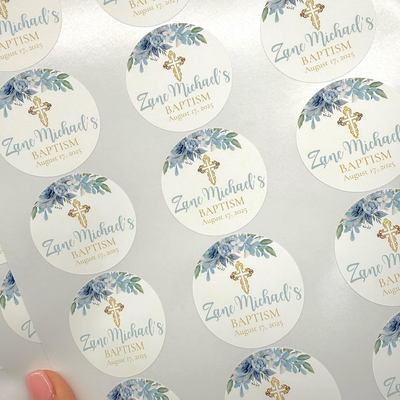 Blue Floral Baptism Stickers, Gold Cross Printed Labels, Boy ...