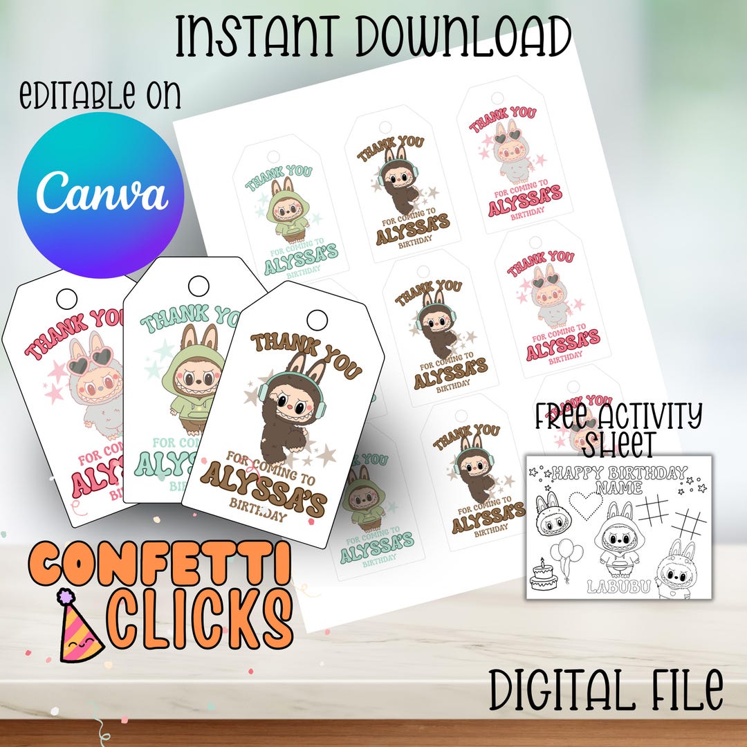 Labubu Thank You Tags, Birthday Thank You Tag, Labubu Cute Tags, Labubu ...