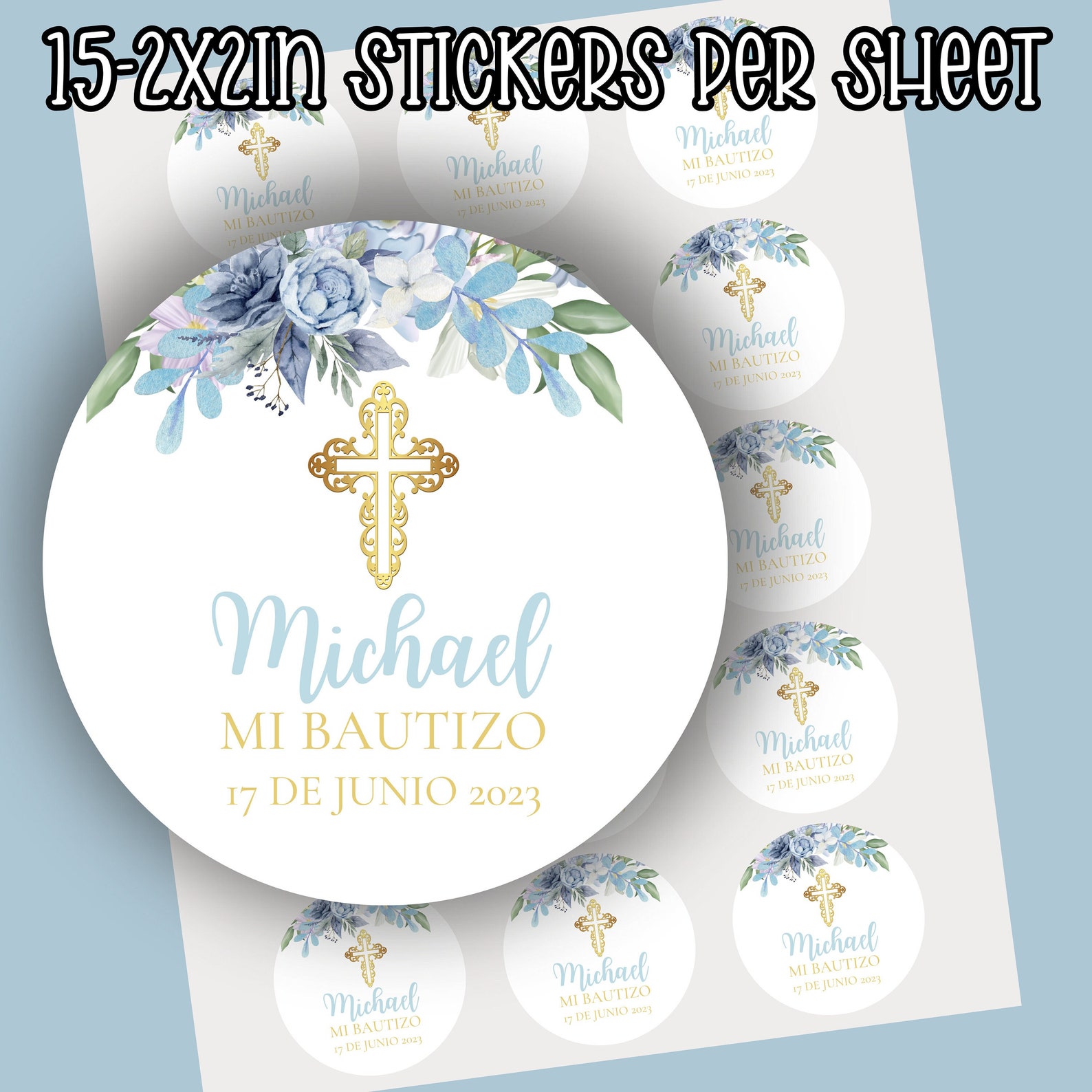 Blue Floral Baptism Stickers, Gold Cross Printed Labels, Boy ...