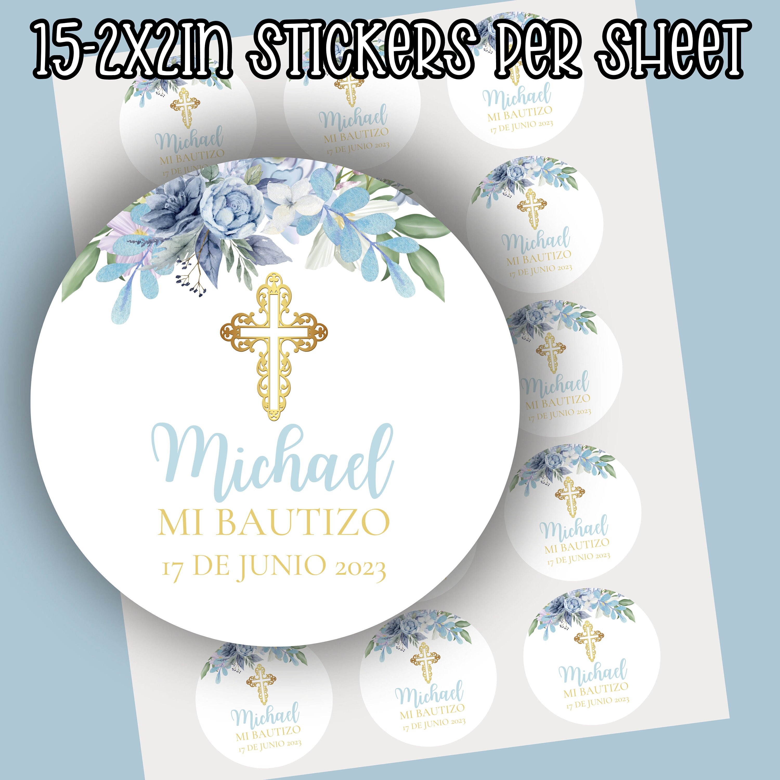 Blue Floral Baptism Stickers, Gold Cross Printed Labels, Boy ...