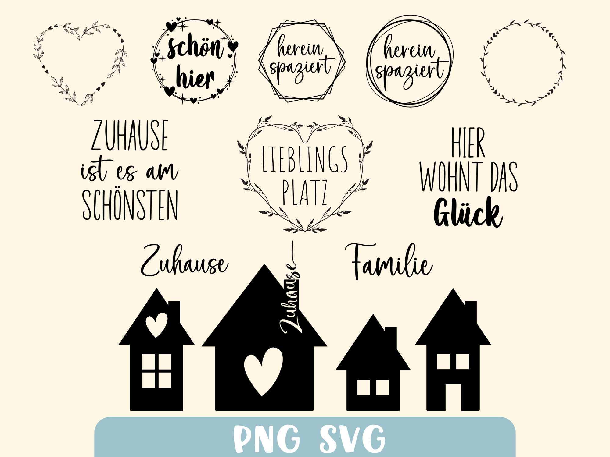 Plotterdatei Set Zuhause Kranz Häuser SVG - Zuhause ist es am schönsten PNG SVG - Blumenkranz ...