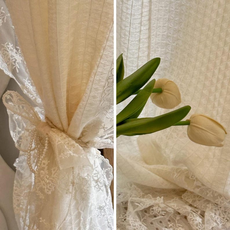 Cream Colored Vintage Linen Curtains, Elegant French Lace Sheer Drapes ...