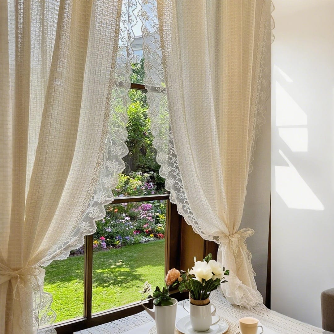 Cream Colored Vintage Linen Curtains, Elegant French Lace Sheer Drapes ...