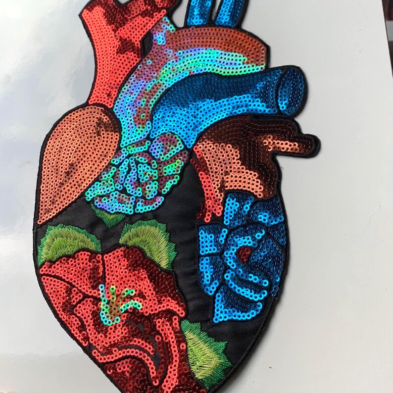 Large Sequin Anatomical Heart Patch: Floral Embroidered Iron-on ...