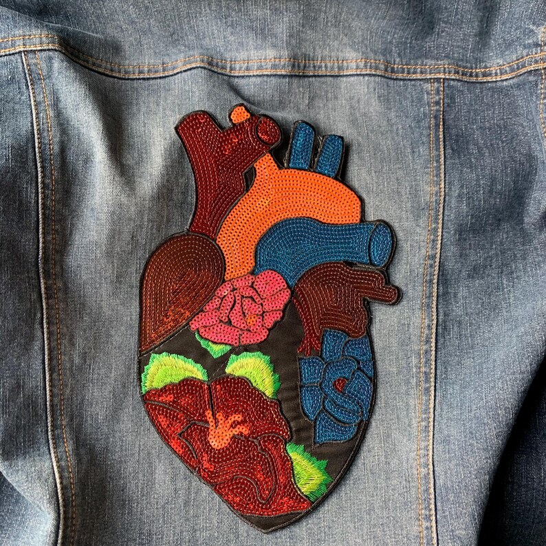 Large Sequin Anatomical Heart Patch: Floral Embroidered Iron-on ...