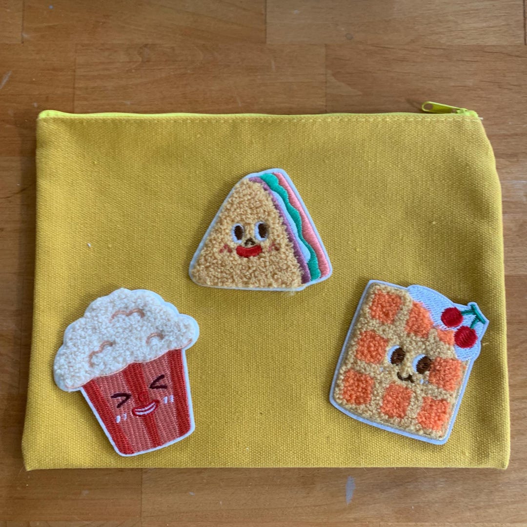 Smiley Food Embroidered Patches: Kawaii Waffle, Sandwich, Popcorn - 3 ...