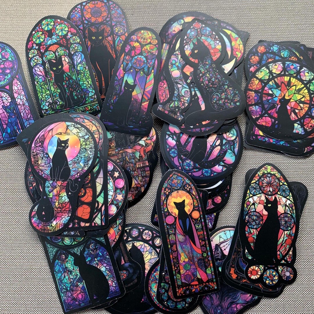 50 Black Cat Stained-glass Stickers – Gothic Window Vinyl Decal Pack ...
