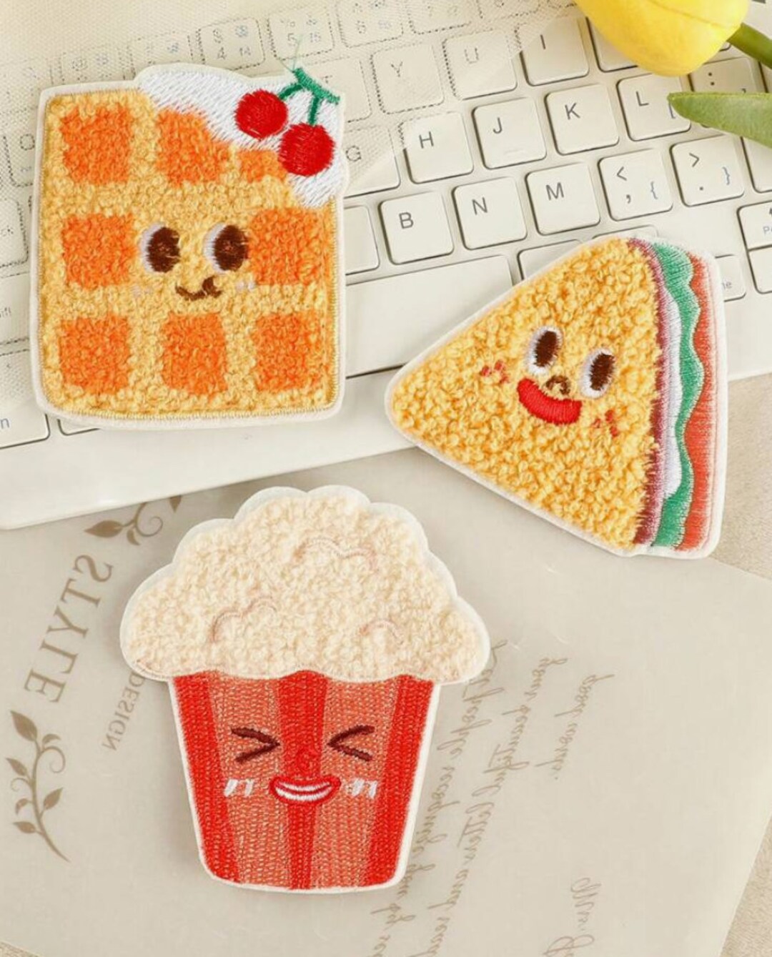 3 Kawaii Fuzzy Food Embroidered Patches Popcorn, Waffle, Sandwich, Cute ...