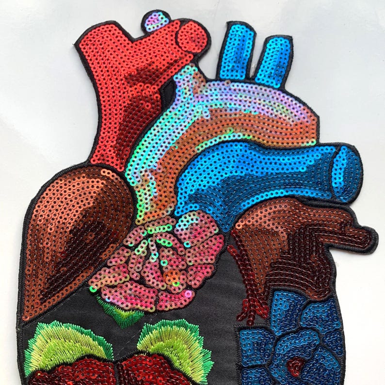 Large Sequin Anatomical Heart Patch: Floral Embroidered Iron-on ...