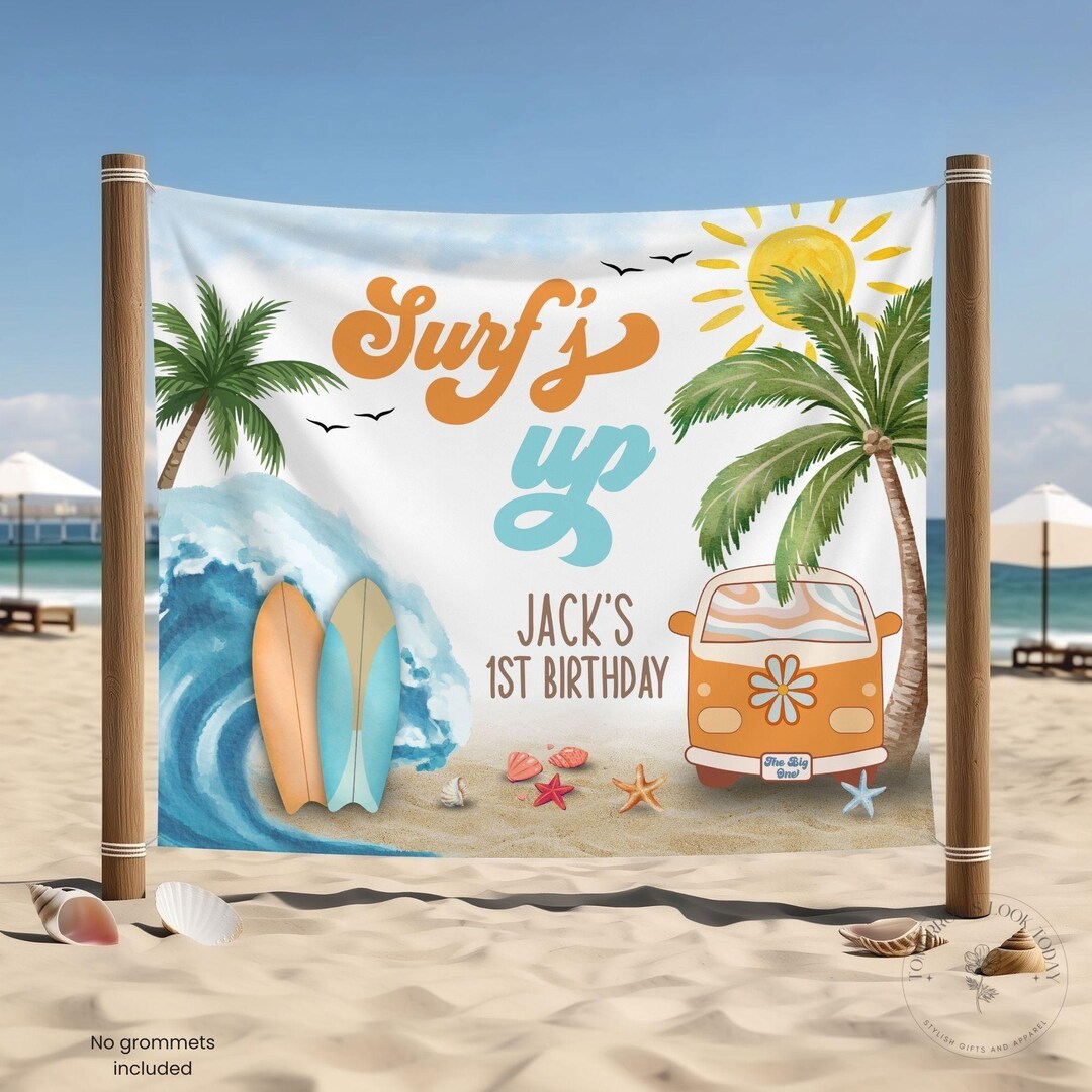 Surf's up Birthday Banner Wall Tapestry | the Big One 1st Birthday ...