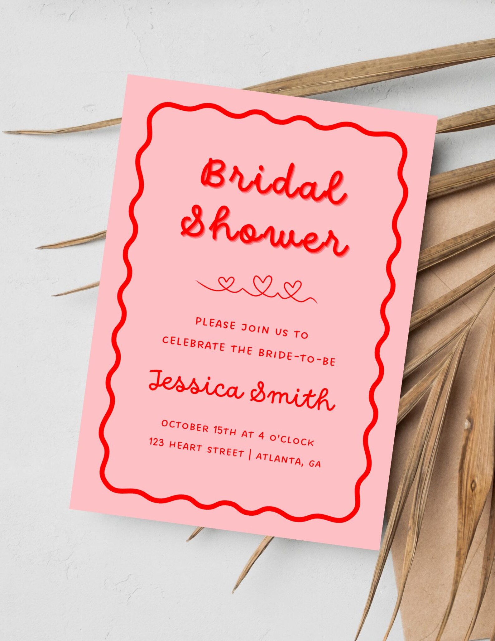 Pink and Red Bridal Shower Invitation | Red Heart Wavy Invitation ...