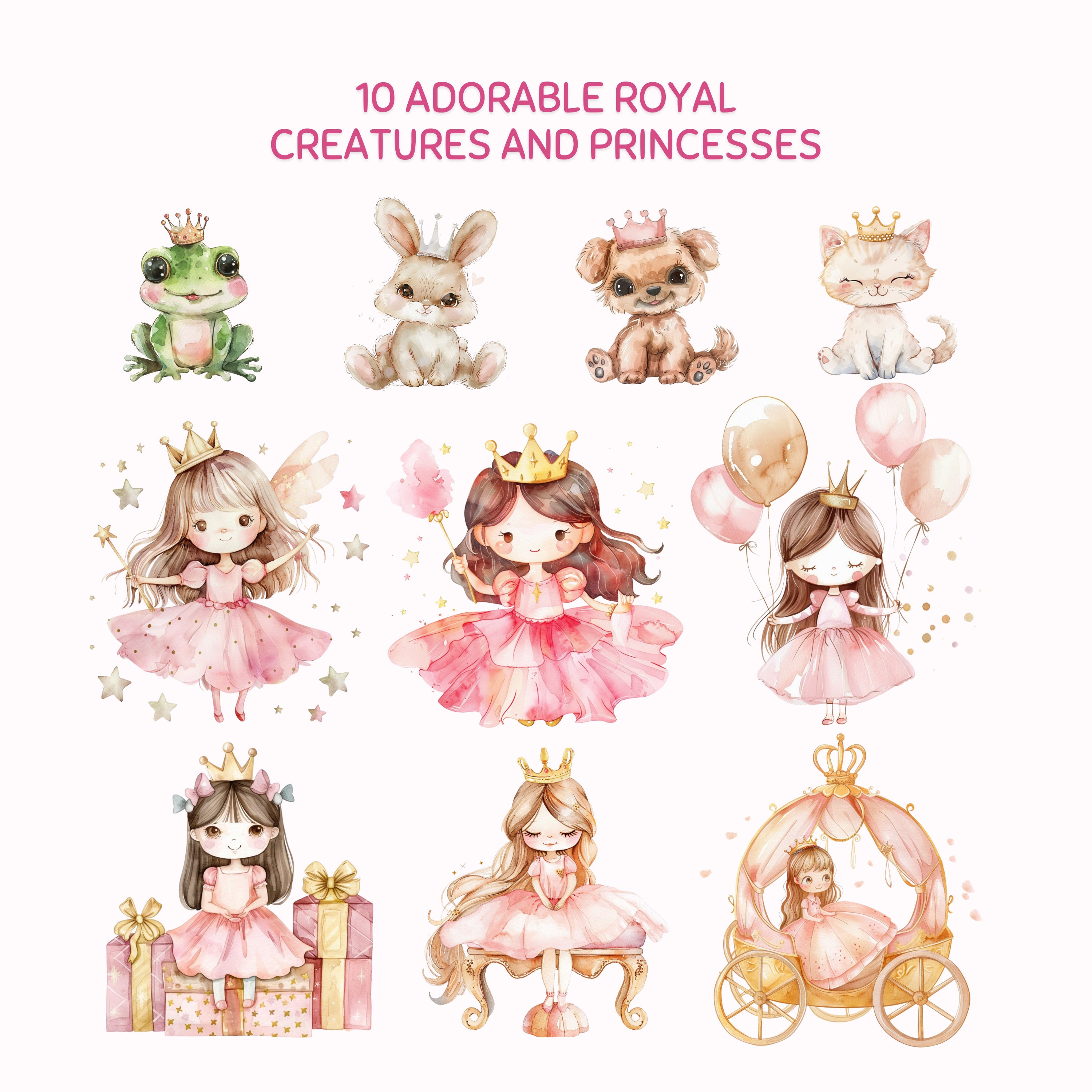36 Pink Princess Royal Party Clipart Bundle - Watercolor Princesses ...