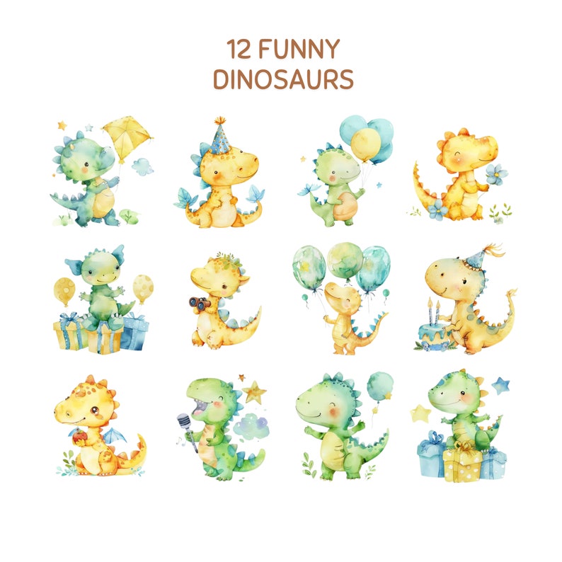 33 Cute Dinosaurs Party Clipart Bundle - Watercolor Dinosaurs, Funny ...