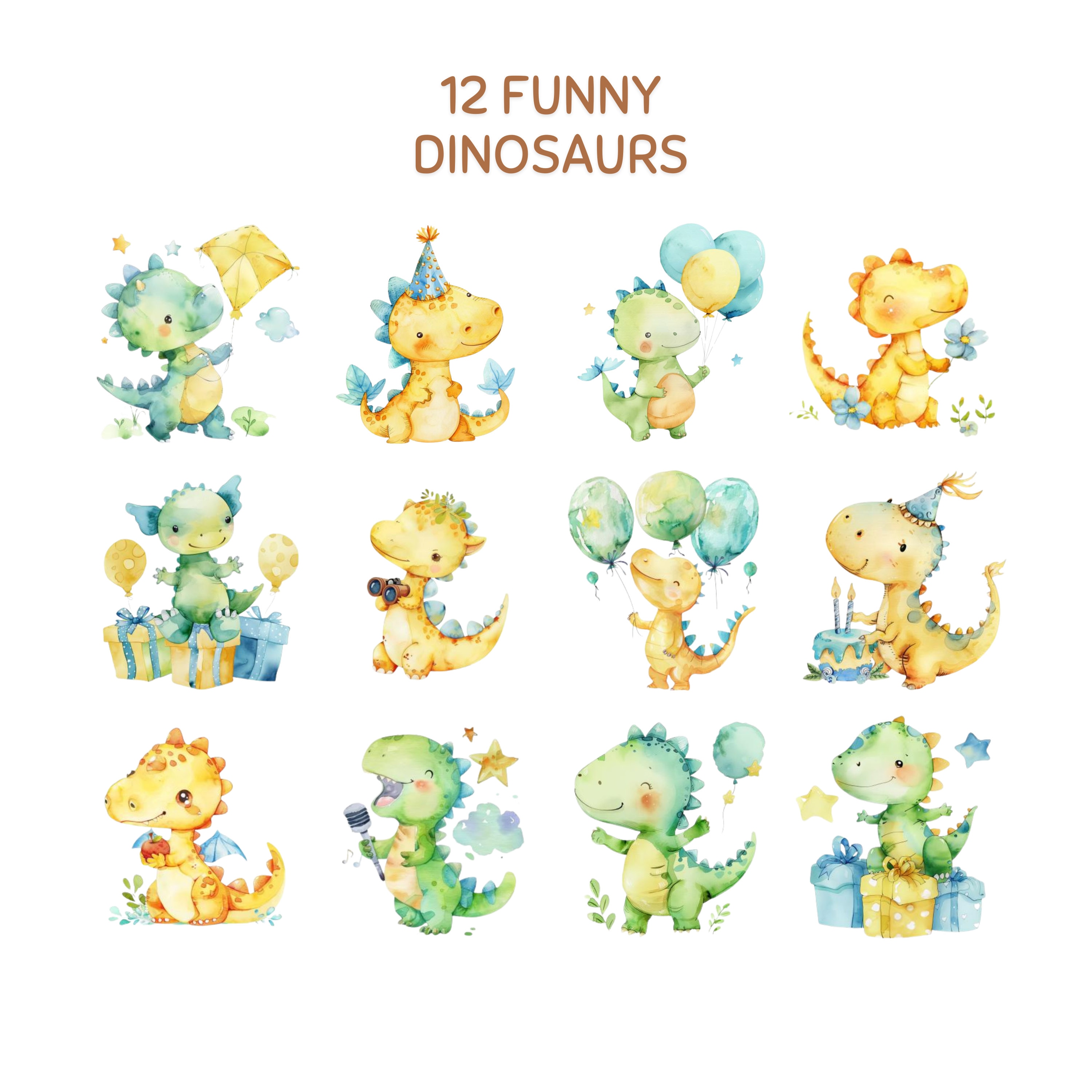 33 Cute Dinosaurs Party Clipart Bundle Watercolor Dinosaurs, Funny ...