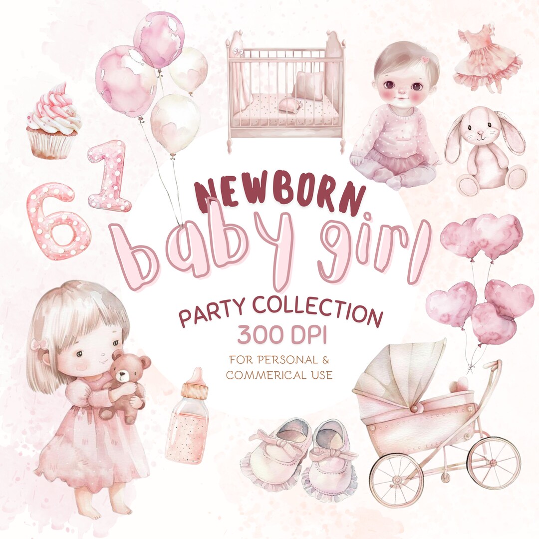 33 Pink Newborn Girl Baby Shower Party Clipart Bundle Watercolor Little ...