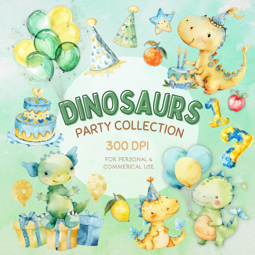 33 Cute Dinosaurs Party Clipart Bundle - Watercolor Dinosaurs, Funny ...