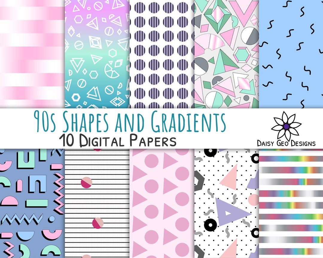 90s Shapes Digital Papers, Pastel Gradient, 80s Retro Geometric ...