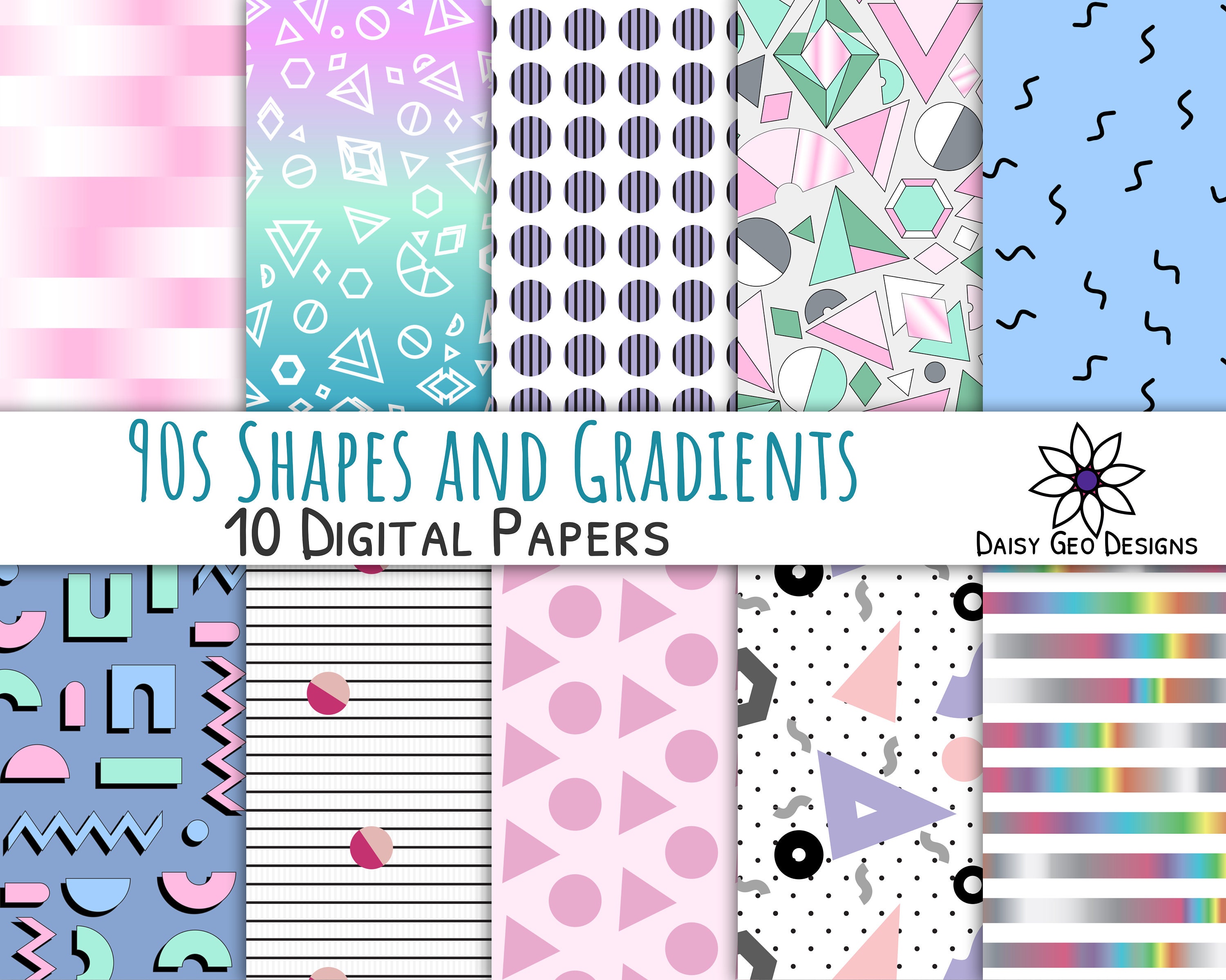90s Shapes Digital Papers, Pastel Gradient, 80s Retro Geometric ...