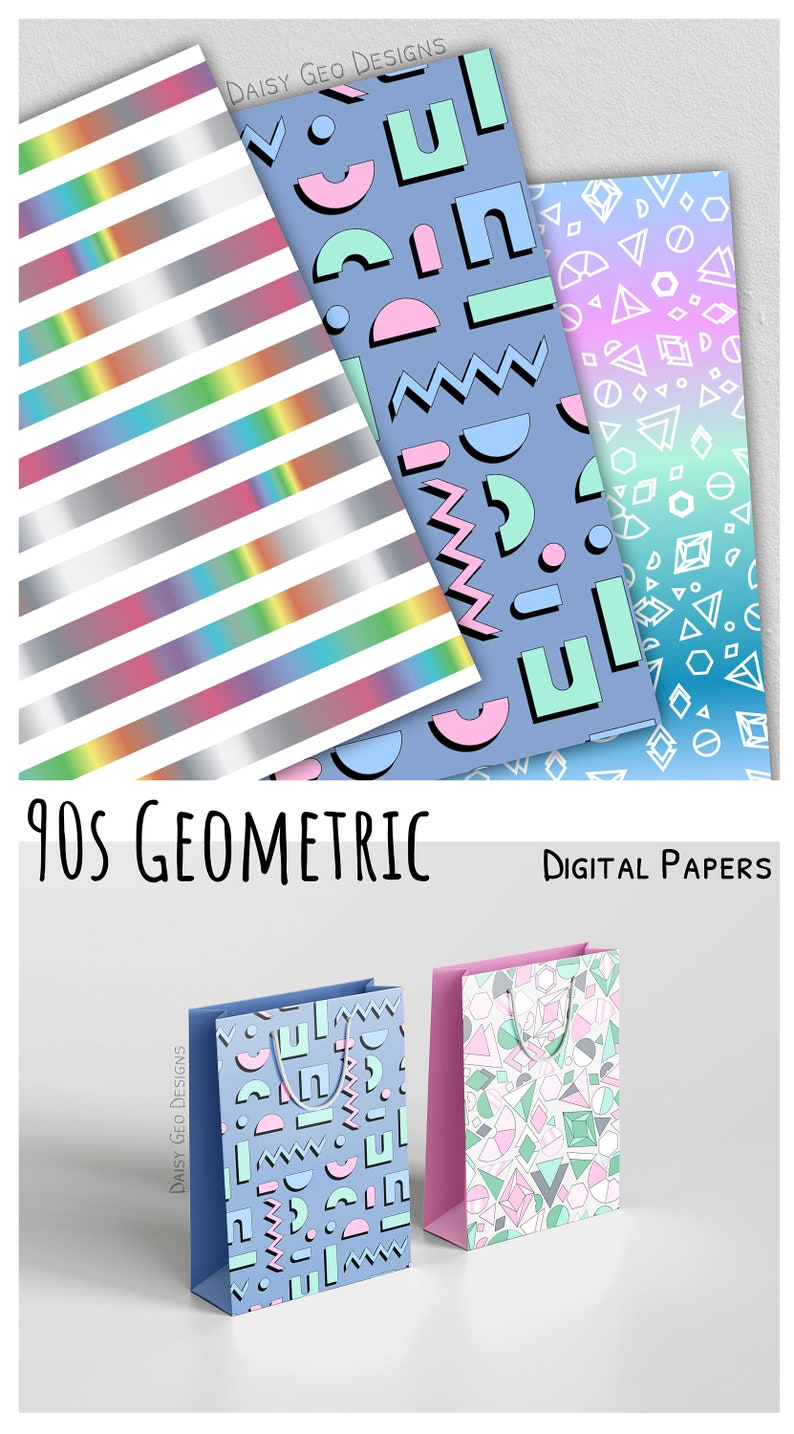 90s Shapes Digital Papers, Pastel Gradient, 80s Retro Geometric ...