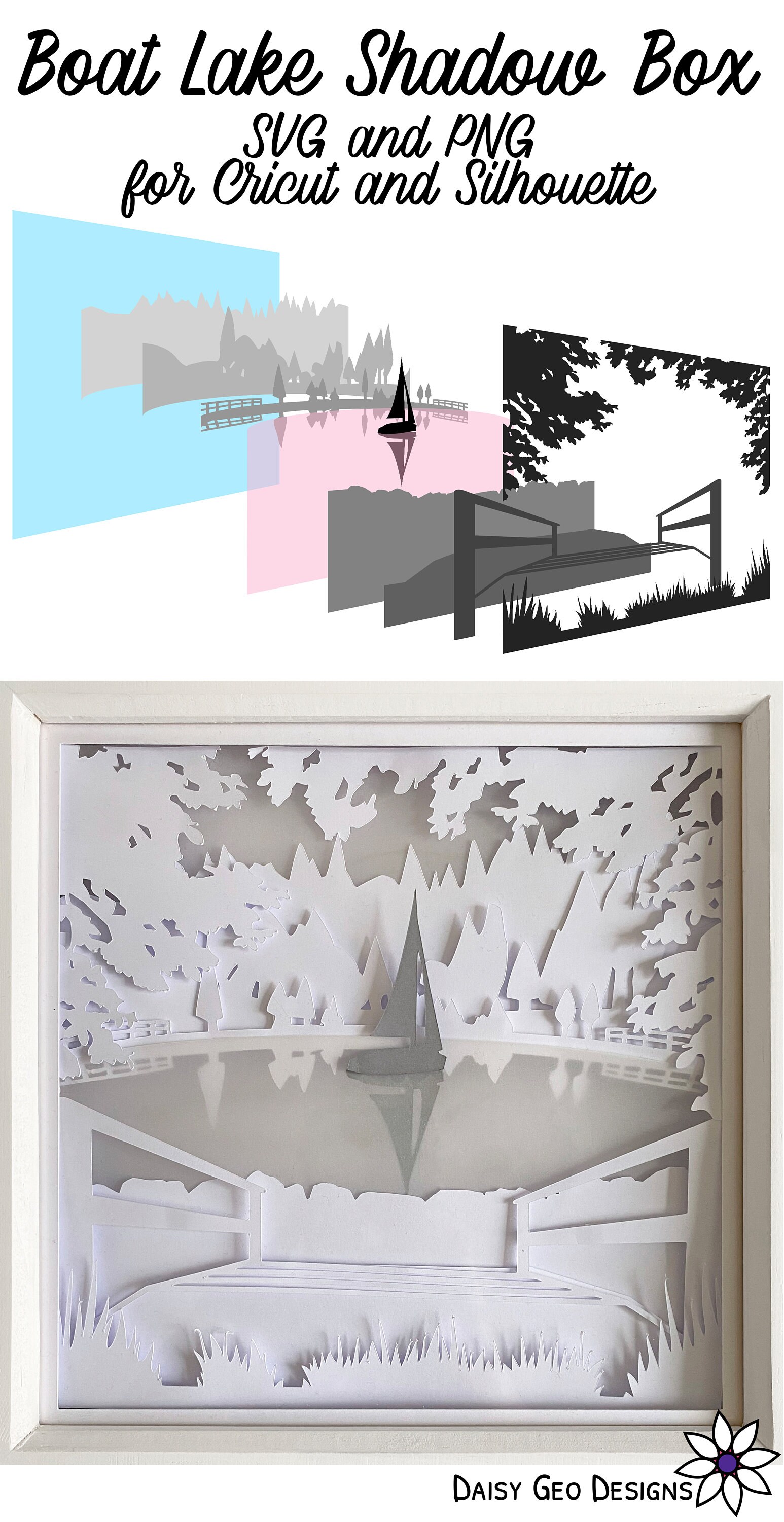 Boat Lake Shadow Box SVG for Cricut, 3D Light Box, DIY Home Decor Frame ...