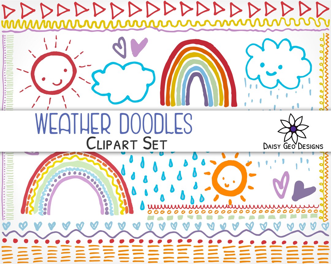 Kids Weather Clipart, Rainbow Sun Rain and Clouds, Cute Children's ...