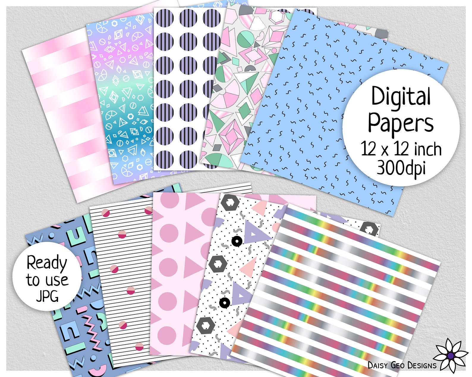 90s Shapes Digital Papers, Pastel Gradient, 80s Retro Geometric ...
