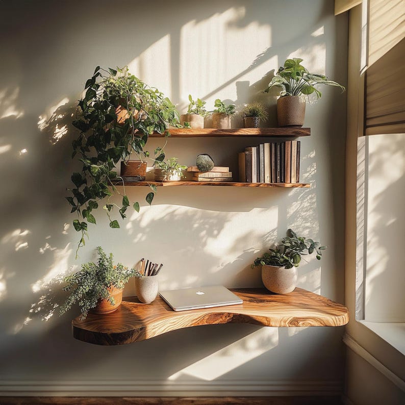 Rustic Live Edge Floating Wood Desk Wall-mounted Hanging Table Unique ...