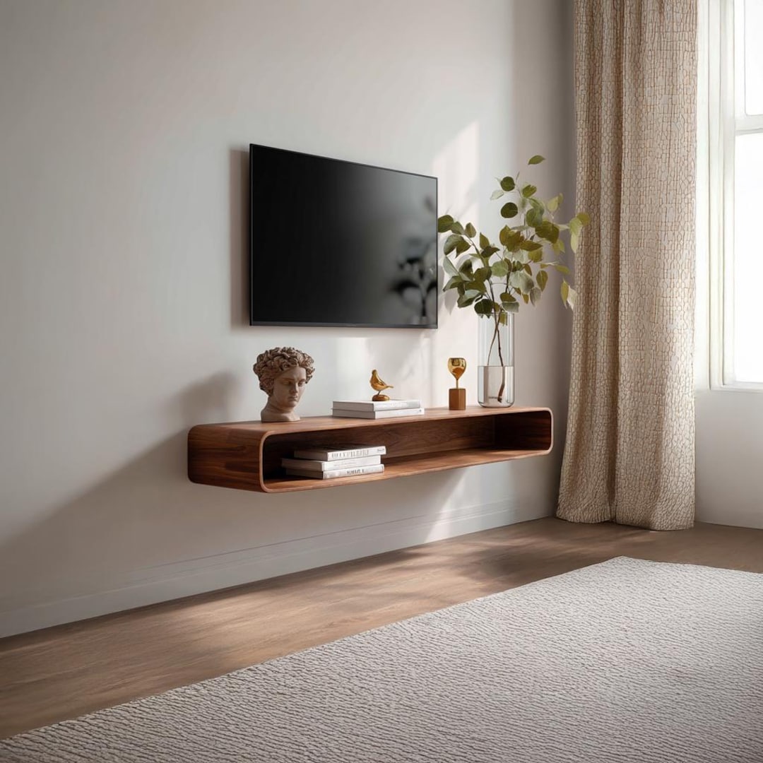 Rustic Floating Shelf TV Cabinet Wooden Stand Solid Wood Mid Century ...