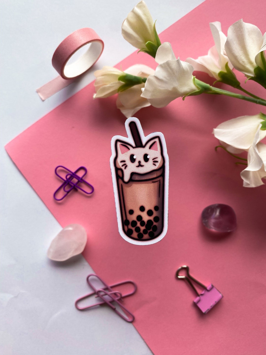 Cute Cartoon Original Design Boba Bubble Tea Cat Matte Sticker Use for ...