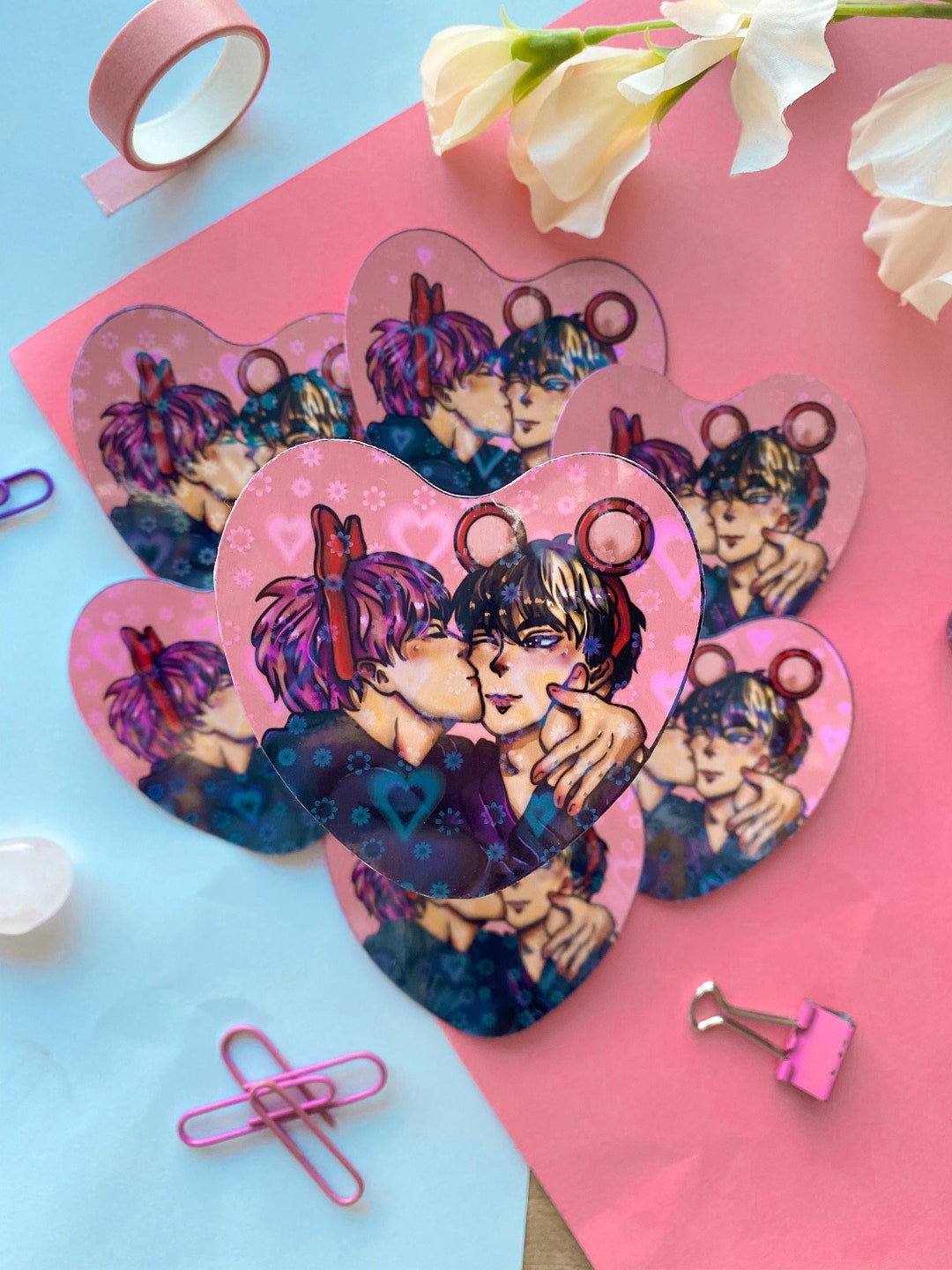 Cute Heart Shaped Two K-pop Boys ATZ Woosan Heart Holographic Sticker ...