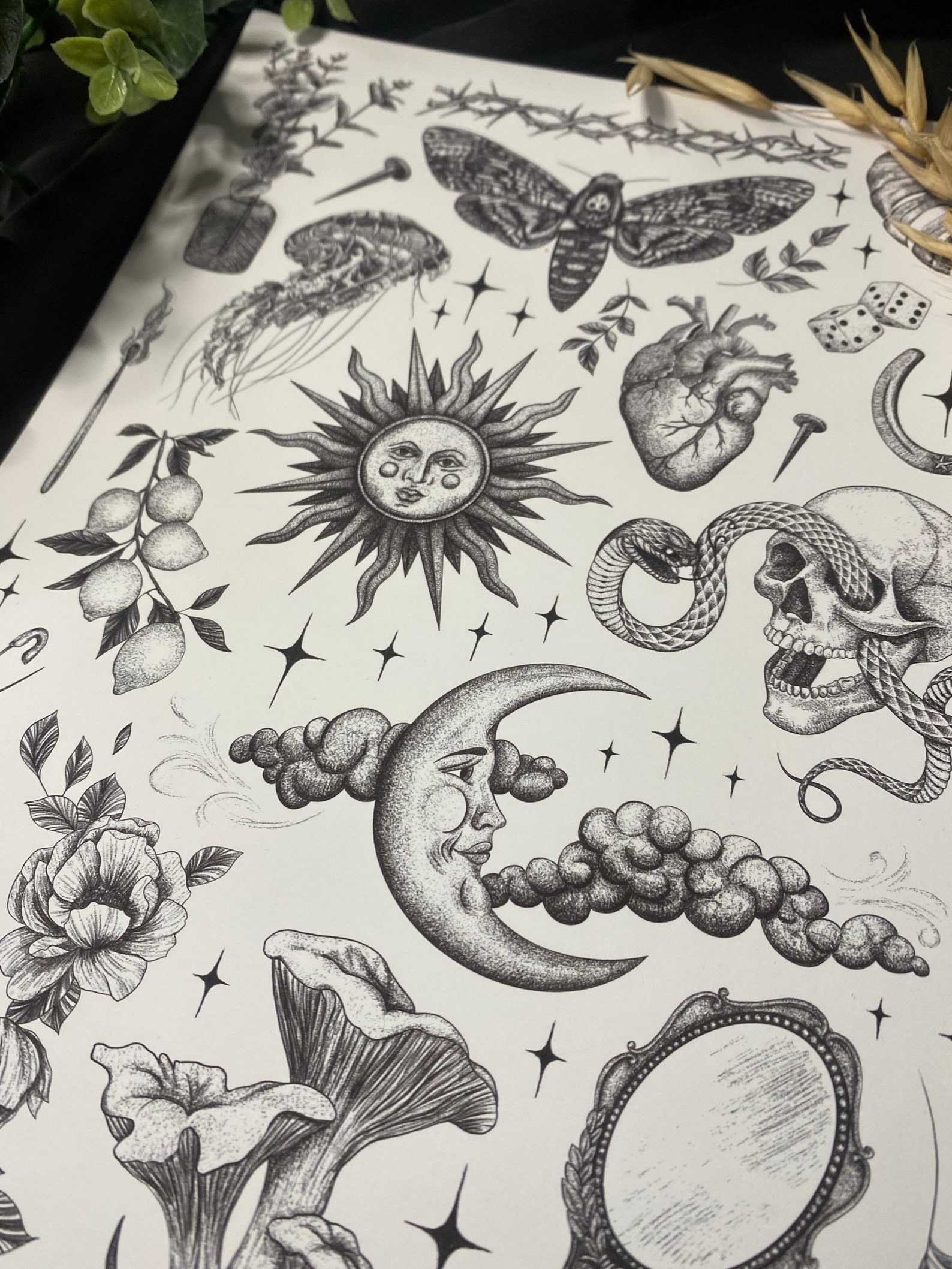 Tattoo Flash Style 2 Black and White Gothic Art Print Witchy | Etsy