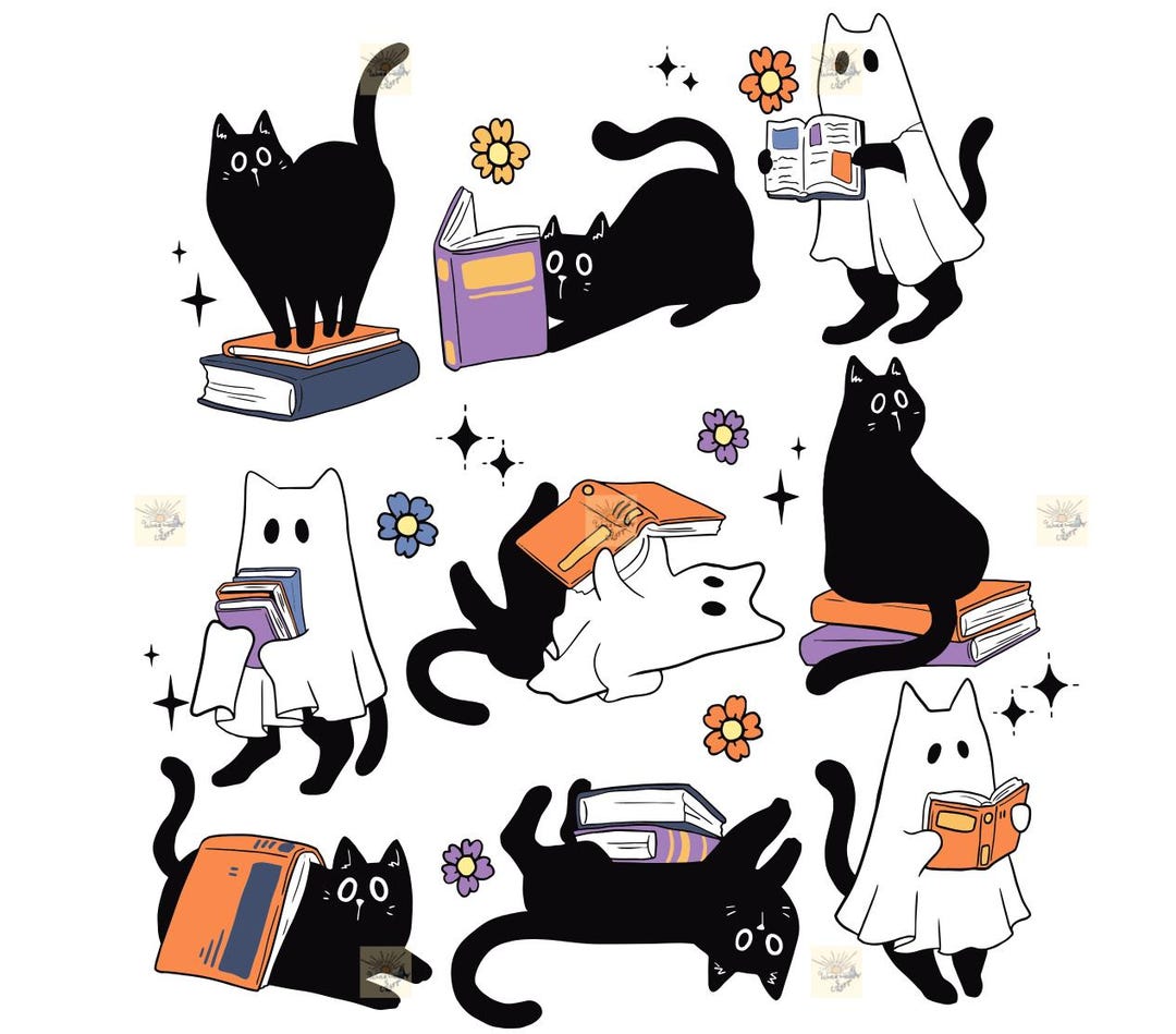 Black Cats Reading Books Halloween PNG PDF SVG Eps Dxf for Your Custom ...