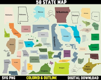 50 States SVG Bundle, Outline United States Map Svg File, State Design ...