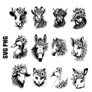 Floral Farm Animals Svg Bundle - Highland Cow Svg - Goat Svg - Chicken ...
