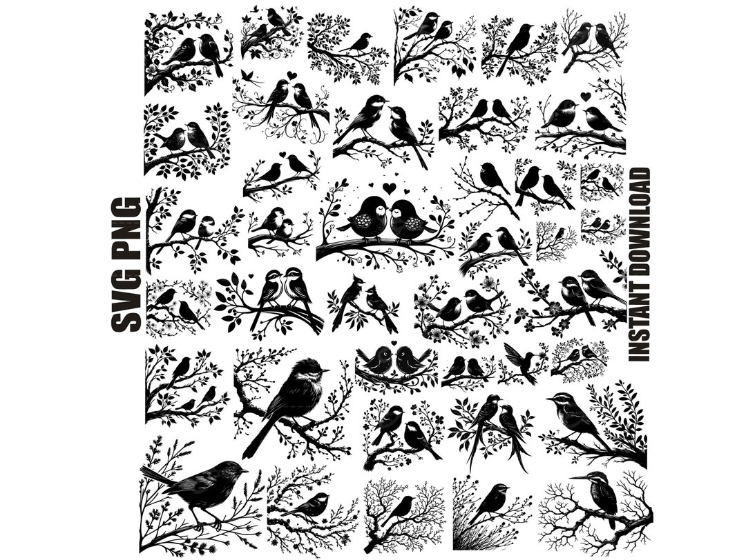 BIRDS on TREE BRANCH Svg, Cute Love Birds Svg, Birds on Twigs Svg Files ...