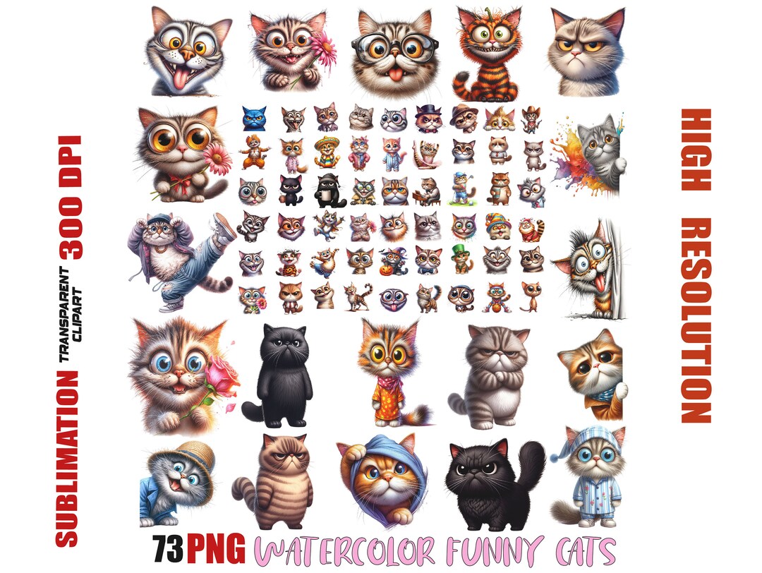 Funny Quirky Cats Clipart Bundle | Cartoon Animals | Playful Feline ...