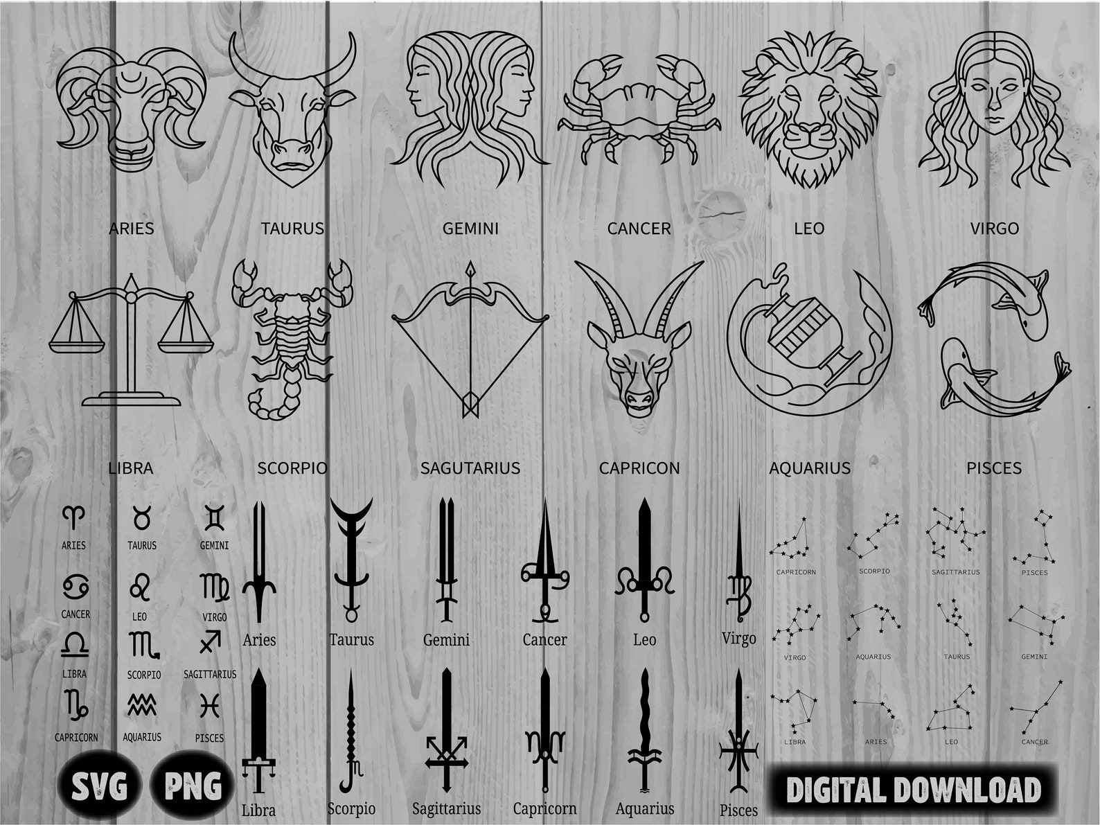 Zodiac Signs SVG Bundle Horoscope SVG Bundle Celestial Star - Etsy