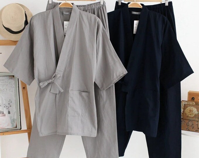 Traditional Japanese Pajamas Set Cotton Robe Pants Kimono - Etsy