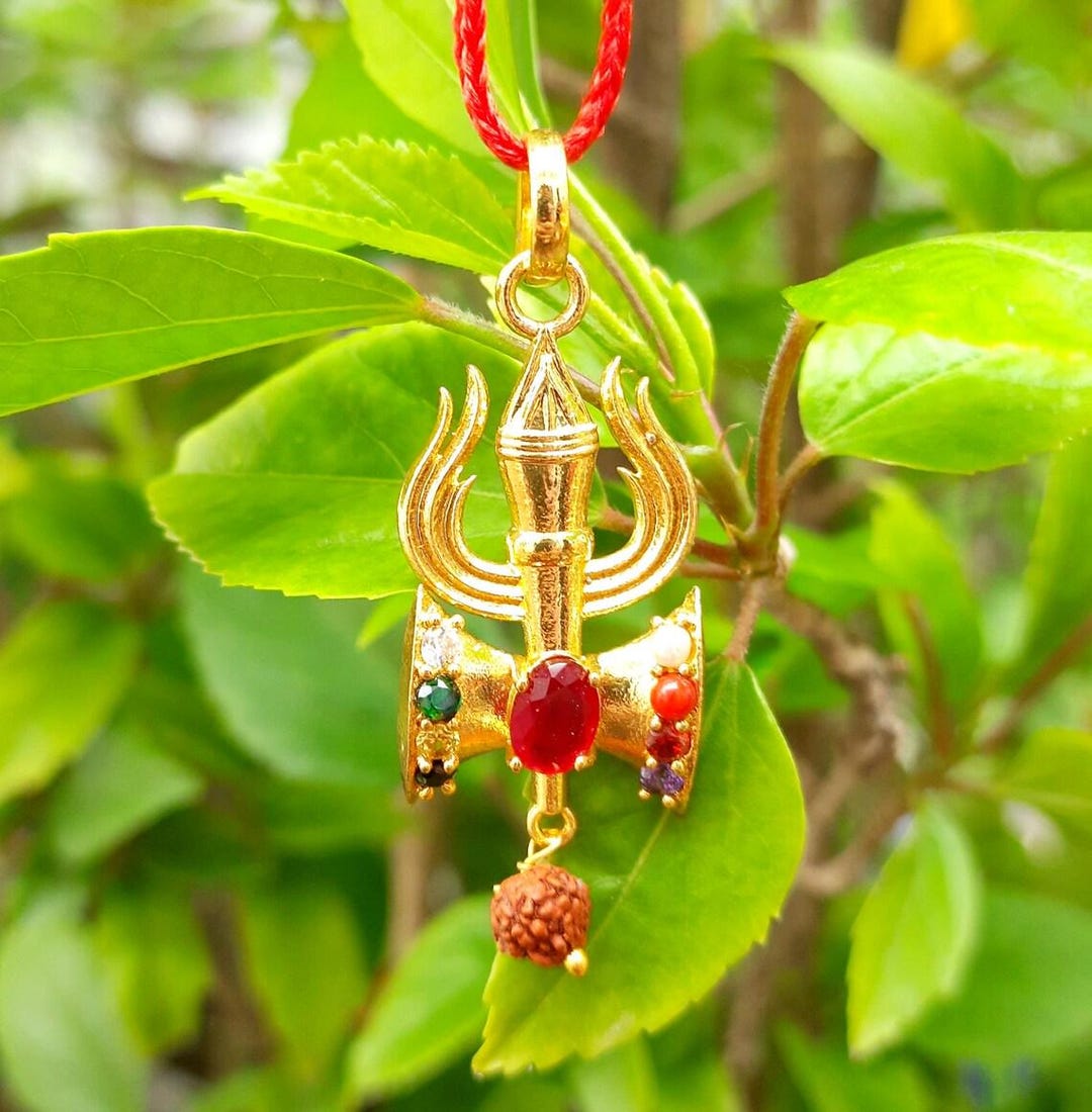 Navratna Trishul Pendant With Rudraksha | 9 Gemstone Hindu Spiritual ...