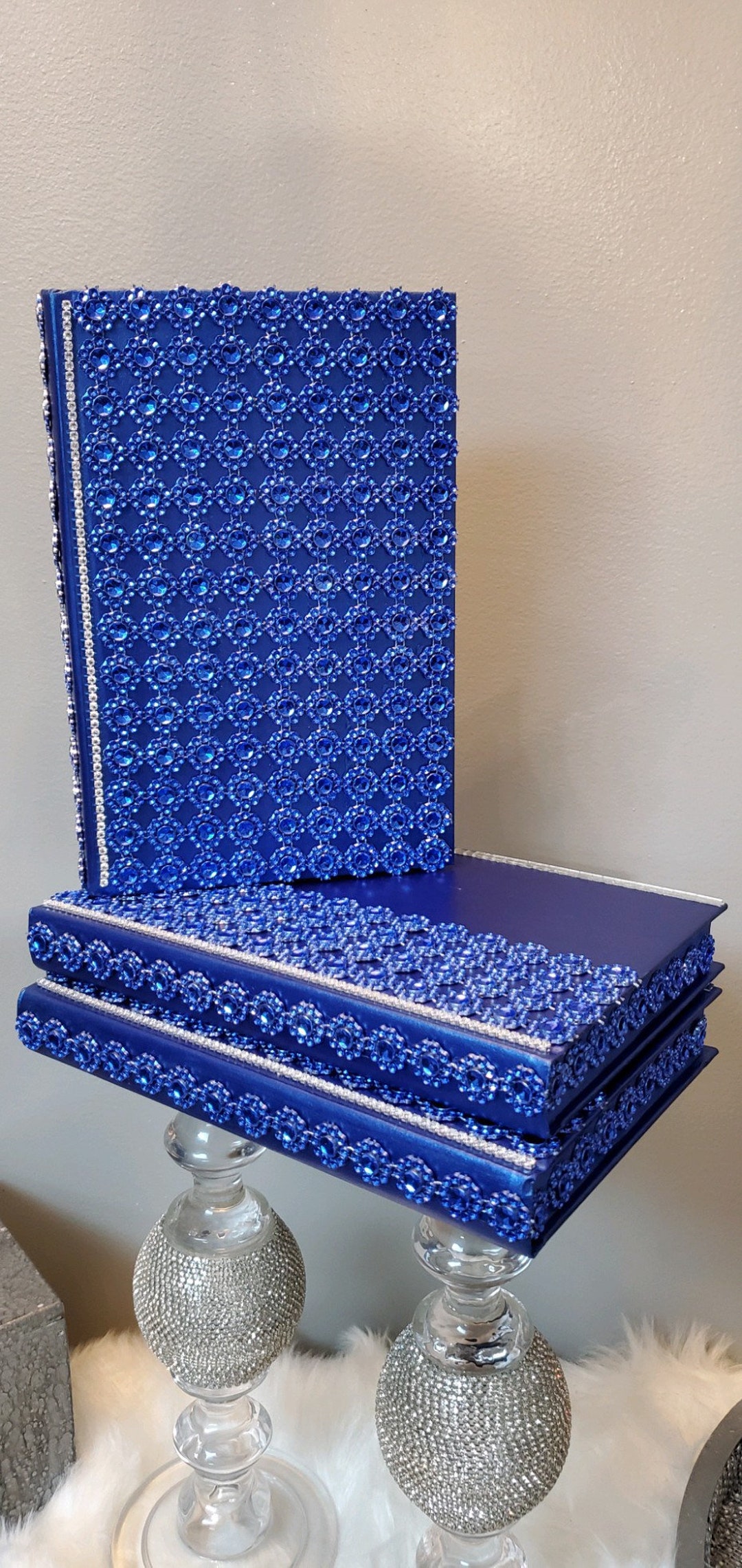 ROYAL BLUE Glam Decor Book Set With Chain & Mirror Trim silver or Gold ...