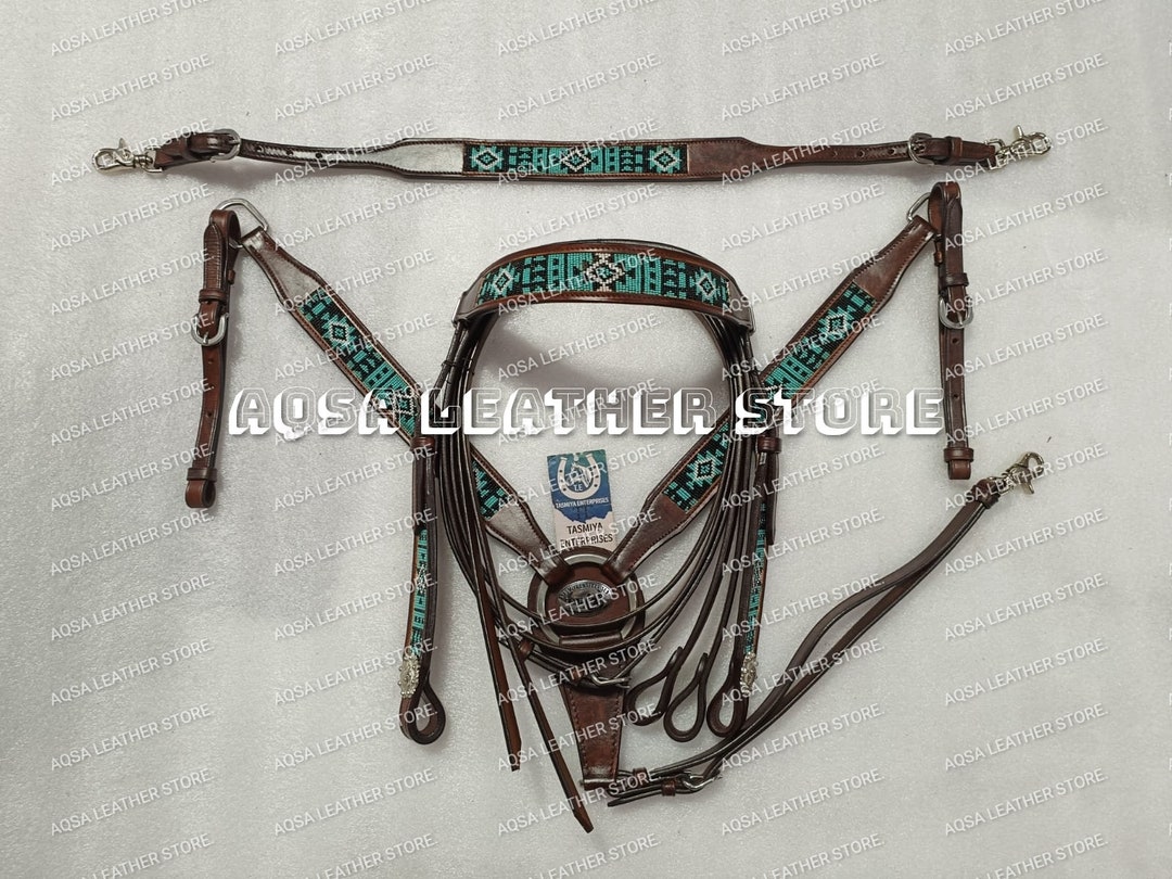 Cow Leather Horse Tack Set: Beaded Headstall, Breast Collar & Reins - Etsy