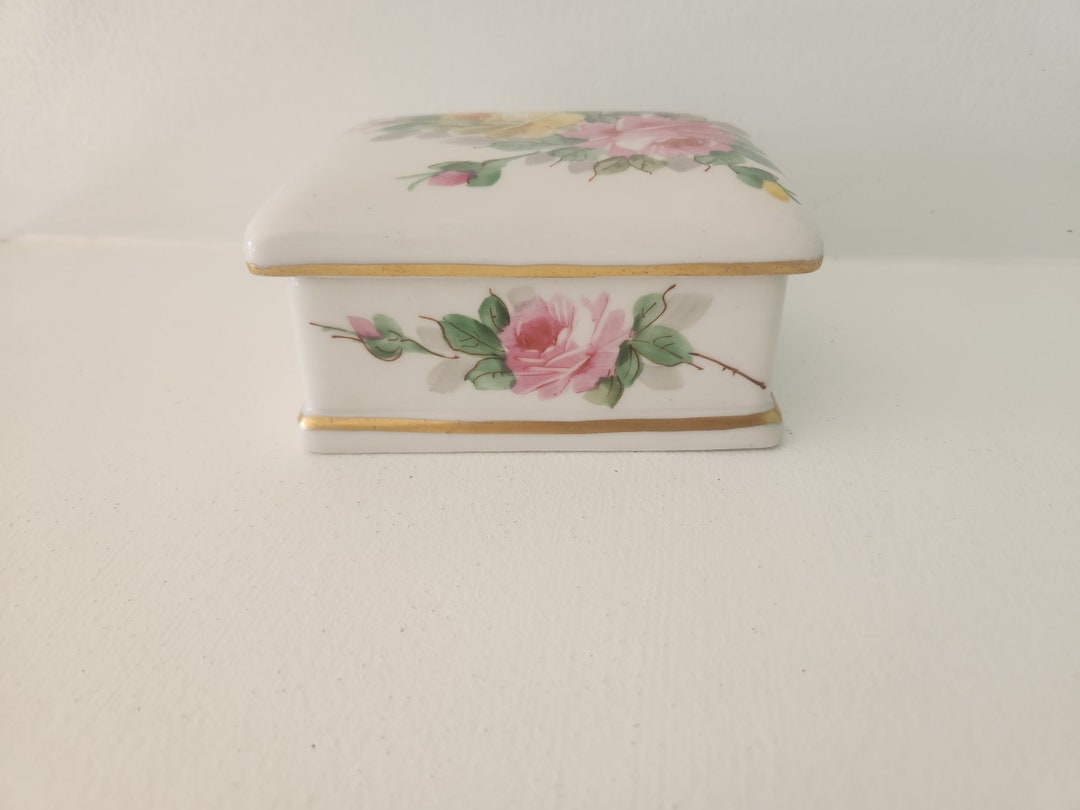 Vintage Floral Porcelain Trinket Box -- Ceramic Jewelry Box -- Mid ...