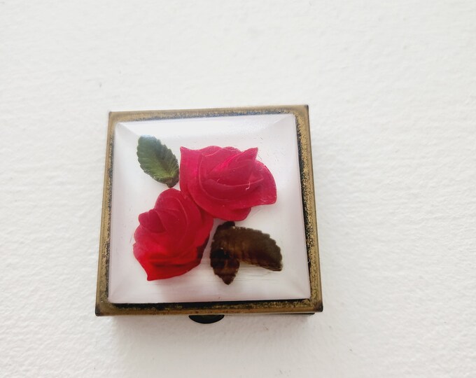 Vintage Bircraft Red Rose Lucite Metal Pill Box Case -- Red Rose ...