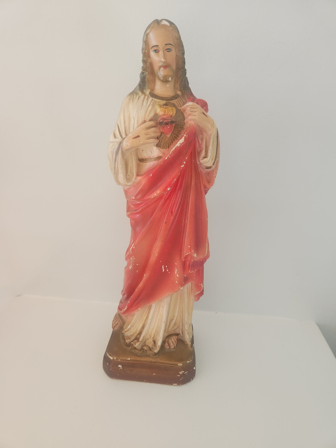 Vintage Religious Statue Jesus Sacred Heart Figurine Handpainted ...