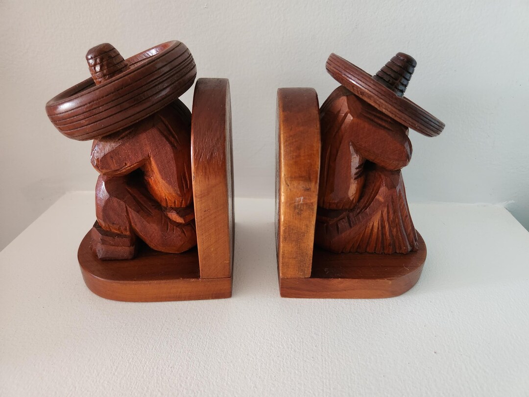 Vintage Pair of Hand Carved Wooden Bookends -- Men in Sombrero Bookends ...